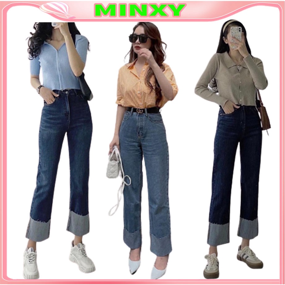 Quần jean nữ ống đứng gấp gấu, quần bò lưng cao dáng suông,chất denim ...
