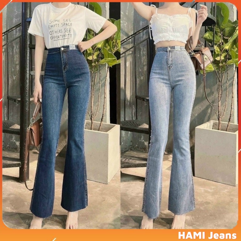 Quần jean ống loe lưng siêu cao tôn dáng chất co giãn lai cắt | Shopee ...