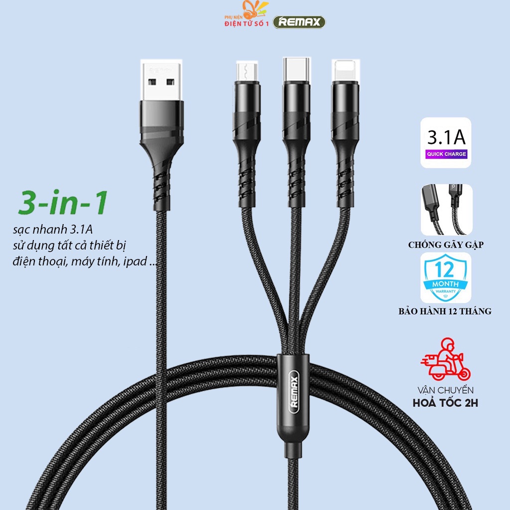 Cáp sạc nhanh 3.1A Remax RC 186th chính hãng dài 1.2m, chống gẫy rối ...