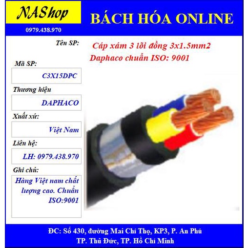 NaShop - Dây điện, cáp điện 3 lõi FA-3x1.5-FA-3x2.5,3x4.0 (mm2), Daphaco chuẩn ISO 9001, Việt ...