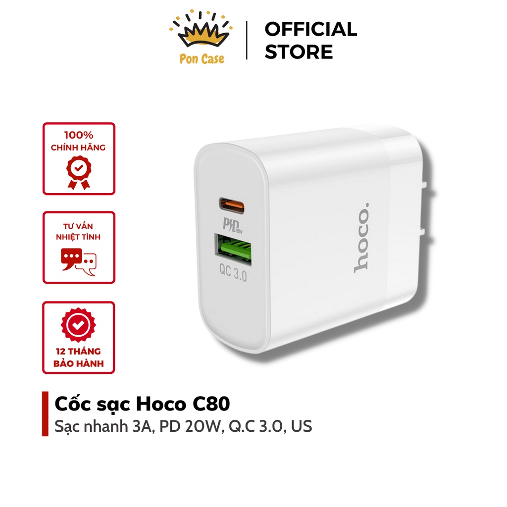 Củ sạc Hoco C80A 2 cổng ( USB + Type- C ) 3.1A, PD 20W, Q.C 3.0 hỗ trợ sạc nhanh cho điện thoại ...