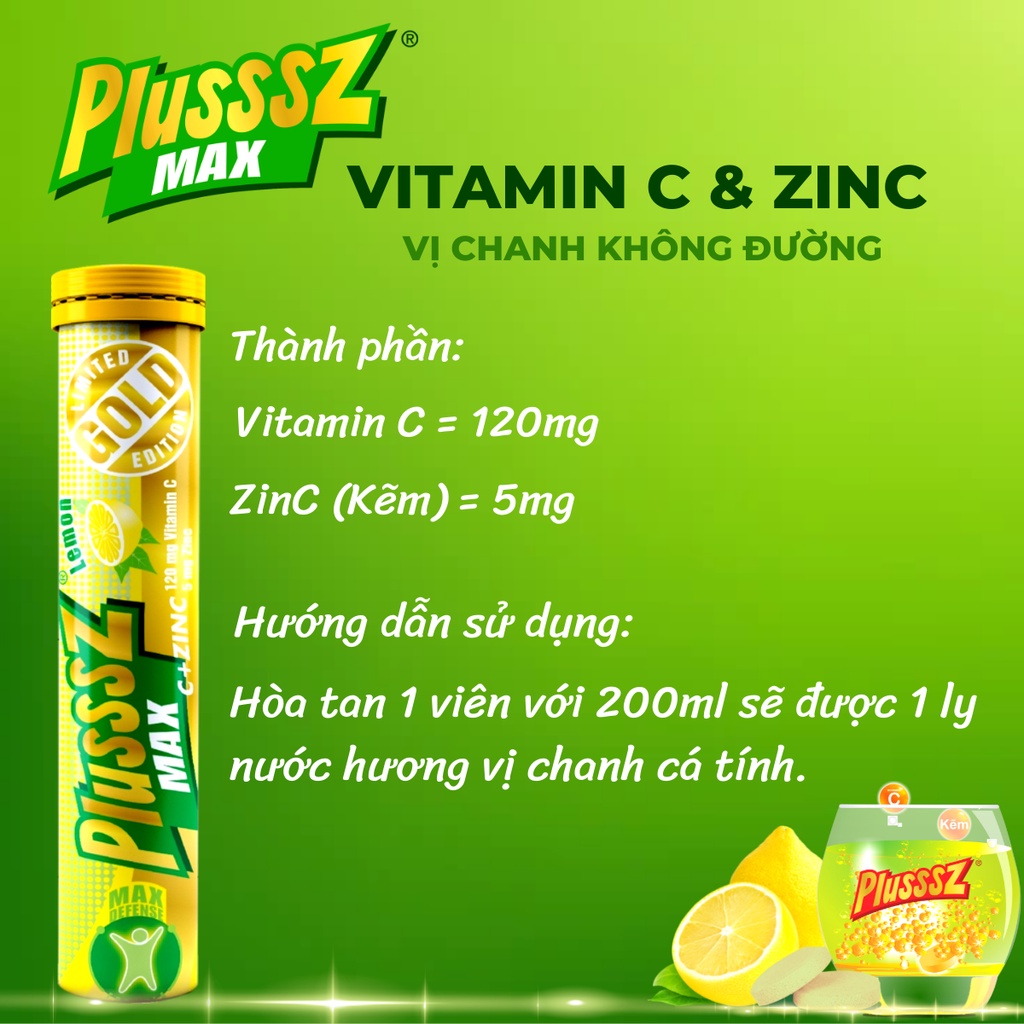 Viên sủi Plusssz Max Vitamin C & ZinC (Kẽm) vị chanh không đường tăng ...
