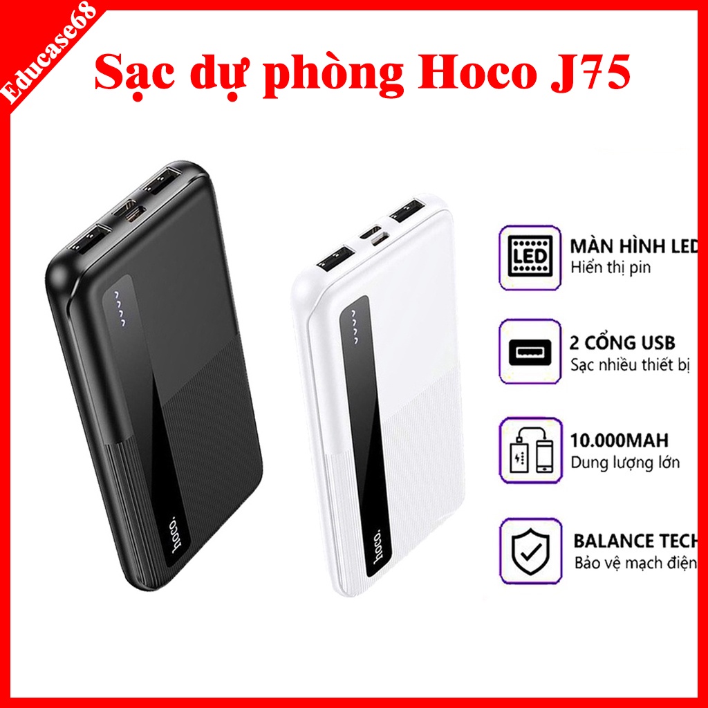 Sạc dự phòng HOCO J75 10000mAh, đầu ra 2 cồng USB nhanh , Có đèn Led ...