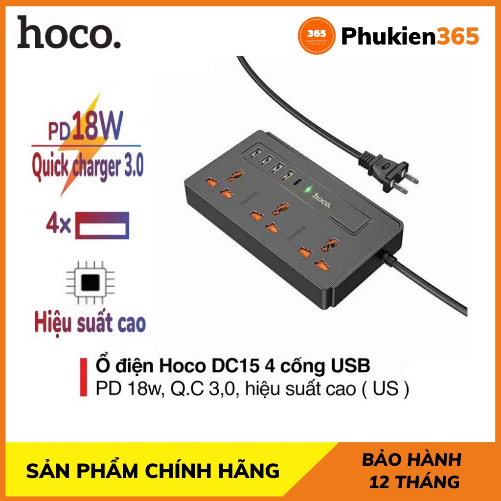 Ổ Cắm Điện Đa Năng Hoco DC15 Sạc nhanh PD 18w 4 cổng USB Cổng AC 220v ...