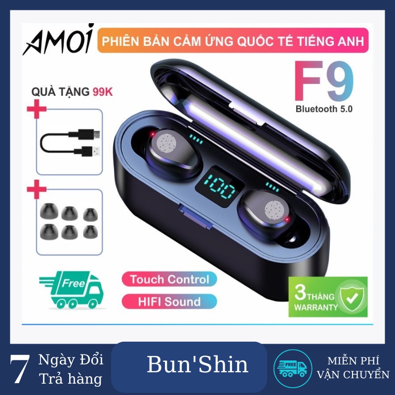 Tai nghe Bluetooth AMOI F9 TWS 5.0 bản QUỐC TẾ không dây cảm ứng chống nước IPX5, chống ồn tích ...