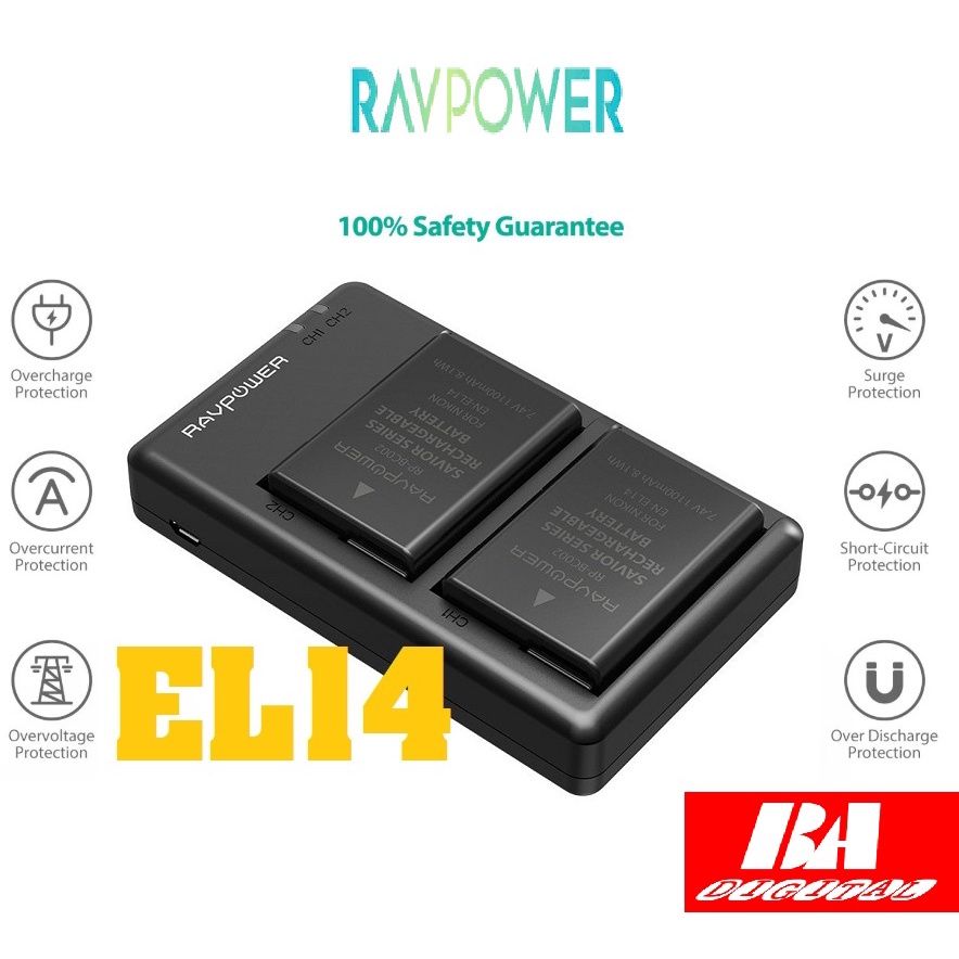 Bộ 2 Pin + 1 Sạc RAVPower EN-EL14 for Nikon D3100, D3200, D3300, D3400, D5100, D5200, D5300 ...