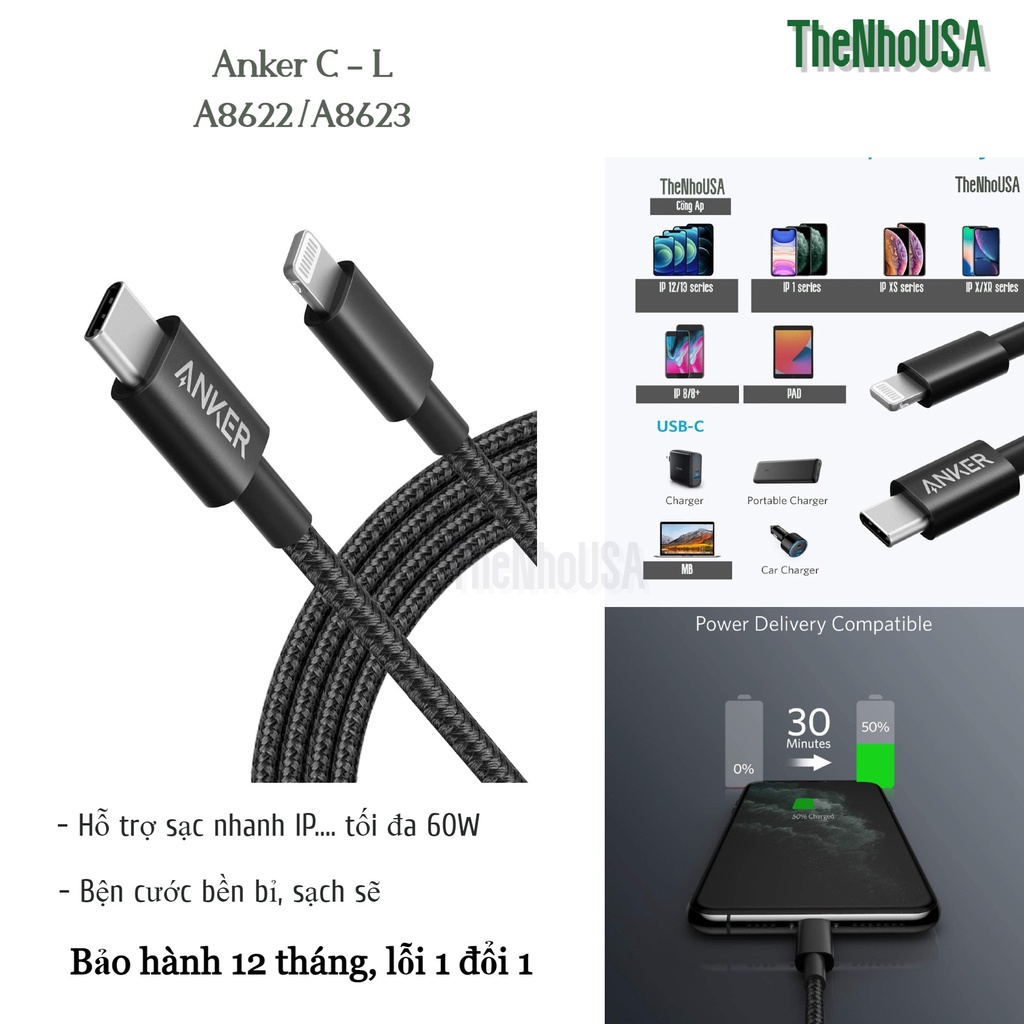 Cáp sạc nhanh Anker nylon USB C - L - A8622 / A8623 [BH 12T] | Shopee ...