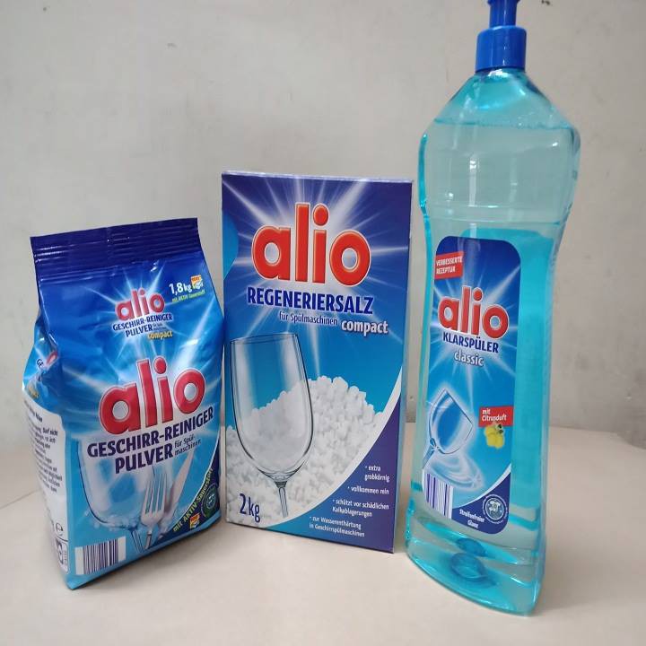 Combo bột rửa bát Alio 1,5kg, bóng Alio 1000ml, muối Alio 2kg. Tặng que ...