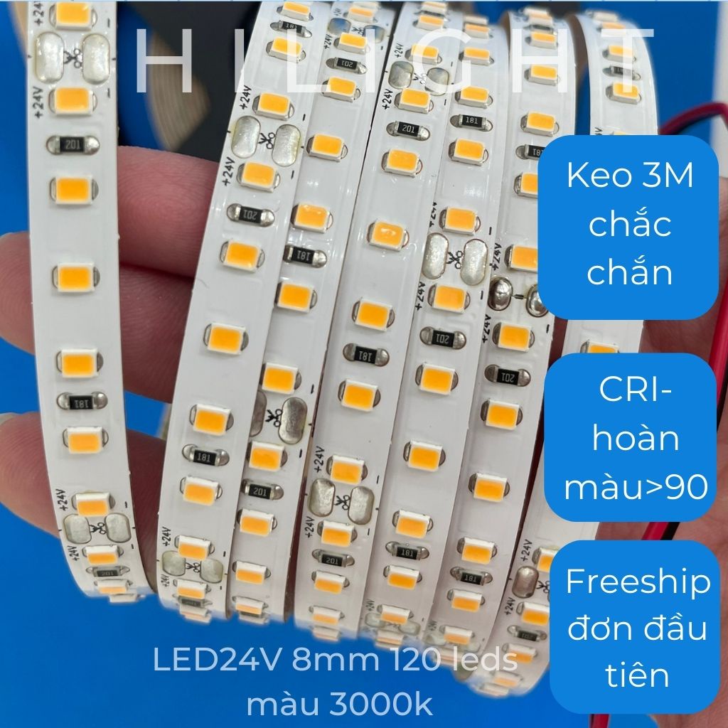 Cuộn dây LED 2835 24V CRI>90 ,120 Leds, có keo dán hai mặt 3M chắc chắn, PCB 8mm 3000K 4000K ...