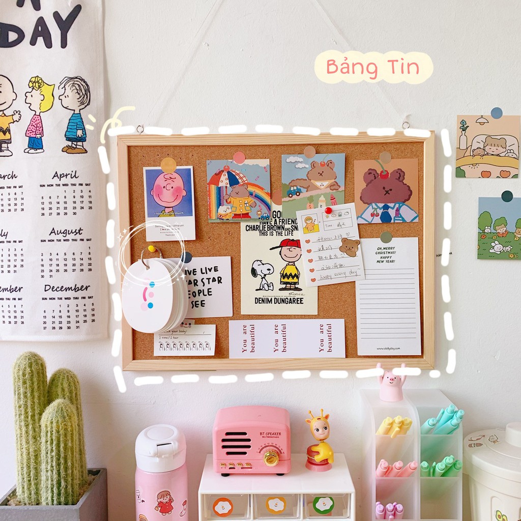 Bảng ghim bần khung gỗ treo ảnh giấy note ghi chú có móc treo tường ...