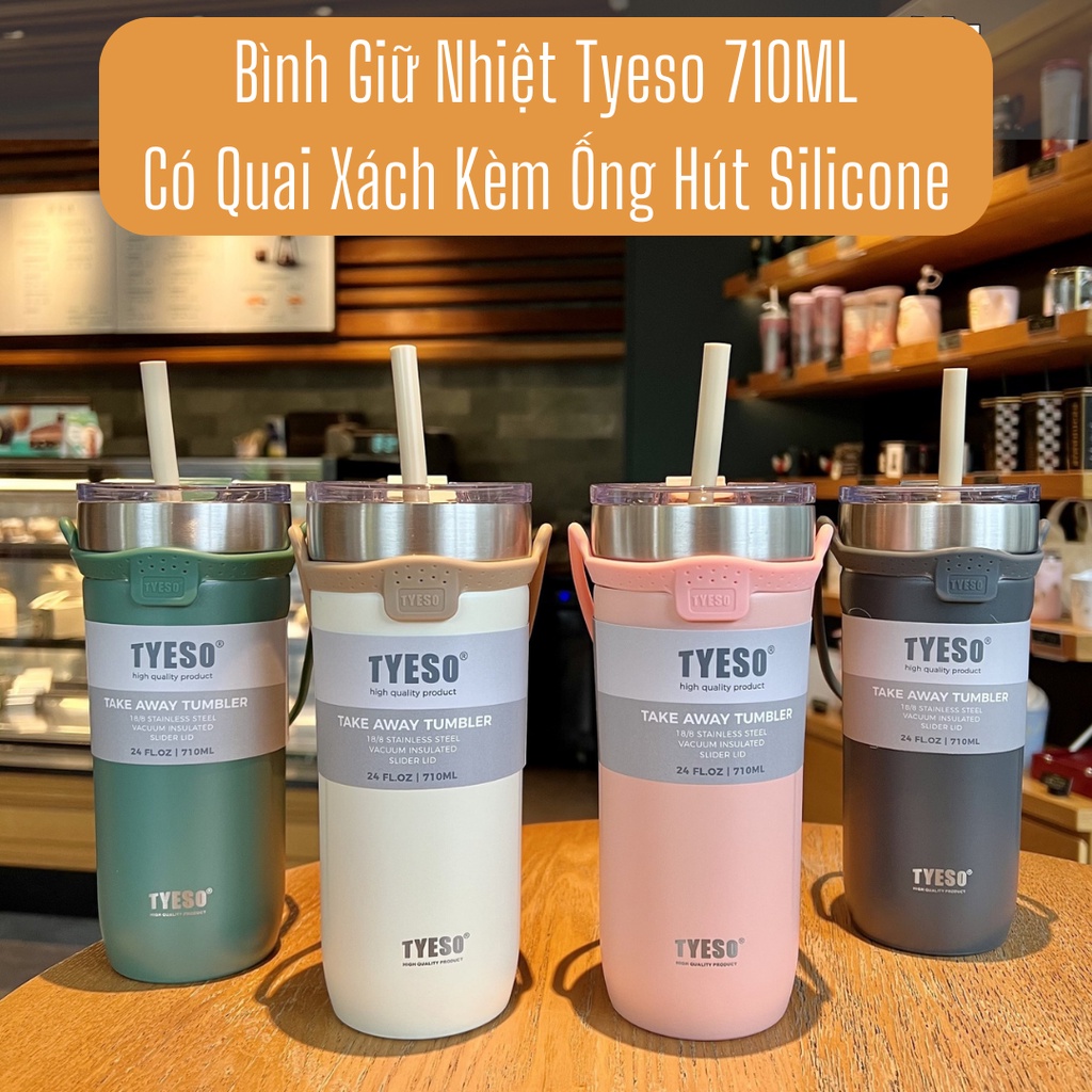 Bình giữ nhiệt Tyeso 550ml & 710ML thiết kế dễ thương kèm ống hút silicone và quai xách silicone ...