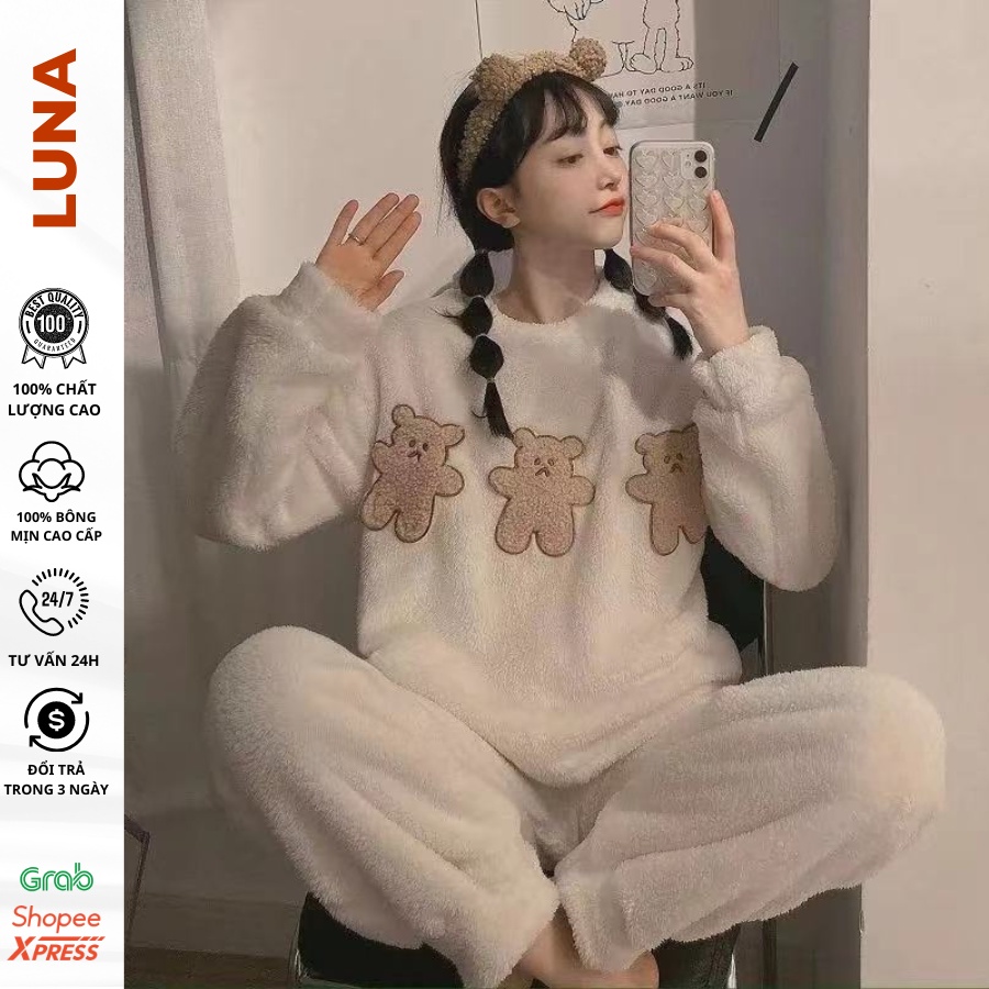 Bộ ngủ bông, đồ ngủ nữ dài tay thu đông, thêu hoạ tiết gấu, heo, báo ...