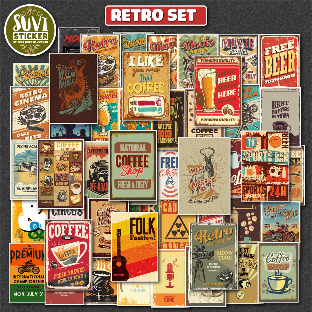 50 Sticker Vintage Retro chống nước sticker dán laptop, điện thoại, đàn ...