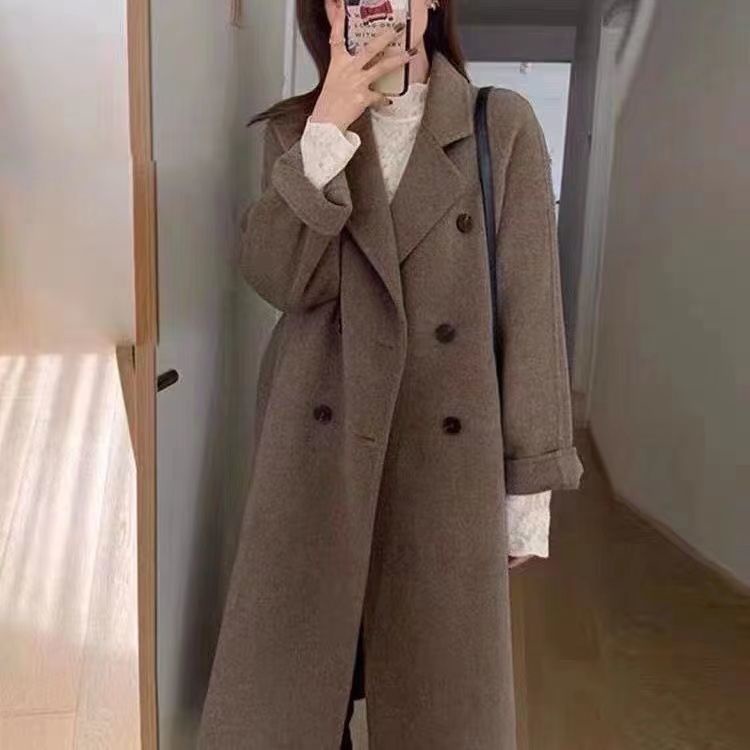 Woolen Coat Women Retro Double Breasted Mid Length Over Knee Korean
