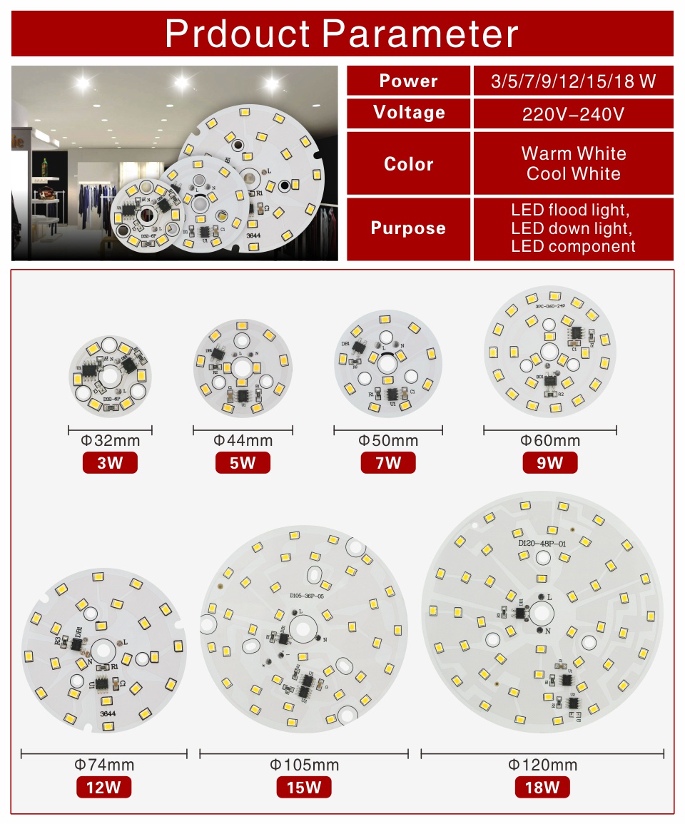 Chip Đèn LED Downlight 3W 5W 7W 9W 12W 15W 18W AC 220V-240V 2835SMD Ánh Sáng Trắng Ấm / Lạnh ...