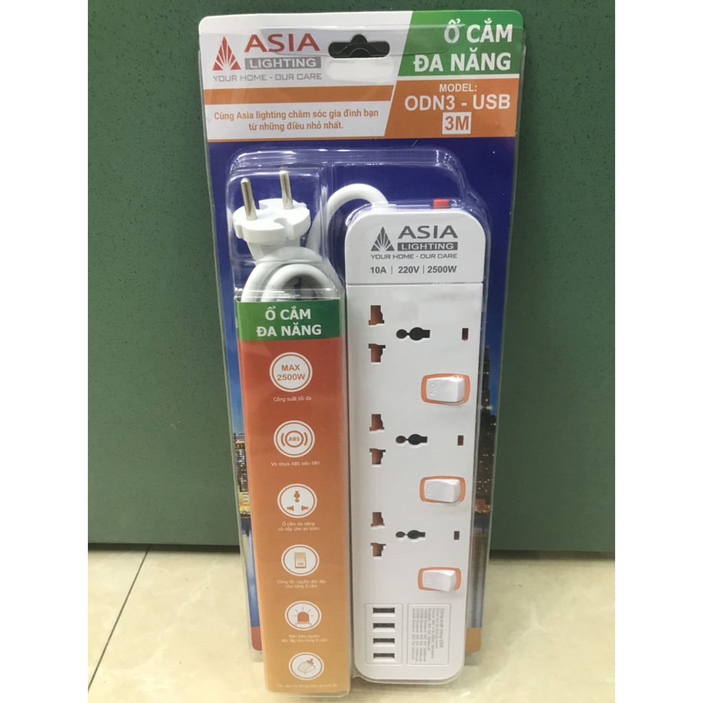 Ổ cắm đa năng 3 ổ liền dây 3m, tích hợp cổng USB - ODN3-USB-3M - ASIA[ Cam kết hàng chính hãng ...