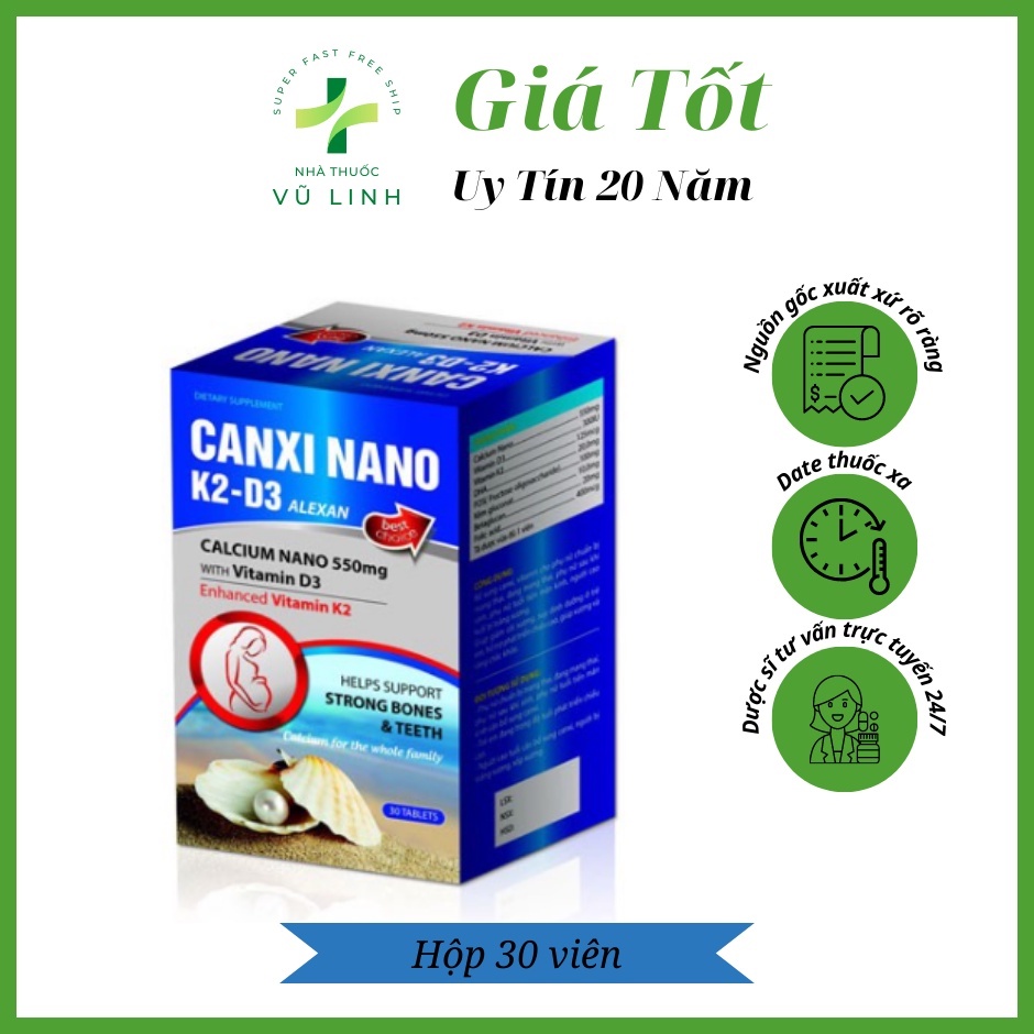 (CHÍNH HÃNG) Canxi Nano K2D3 Alexa (hộp 30 viên) bổ sung canxi, vitamin K2, D3, giảm nguy cơ ...