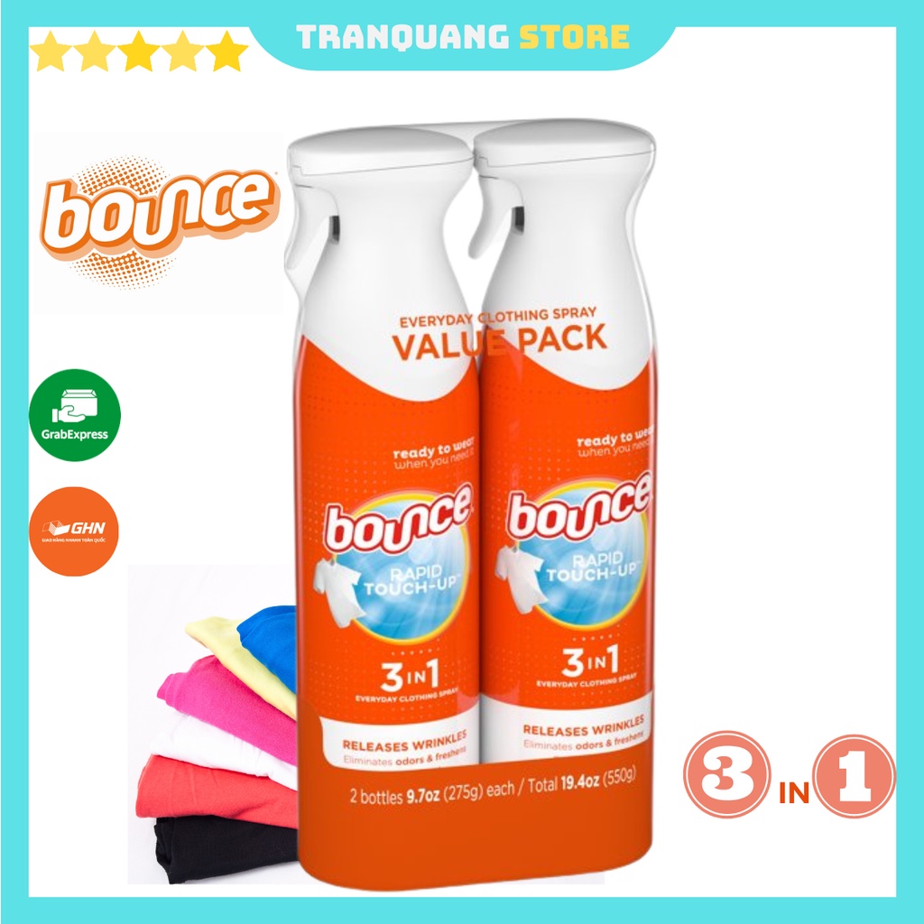 Nước Xịt Chống Nhăn, Xịt Khử Mùi Quần Áo Bounce Rapid Touch-up 3 in 1 Chai 275g | Shopee Việt Nam