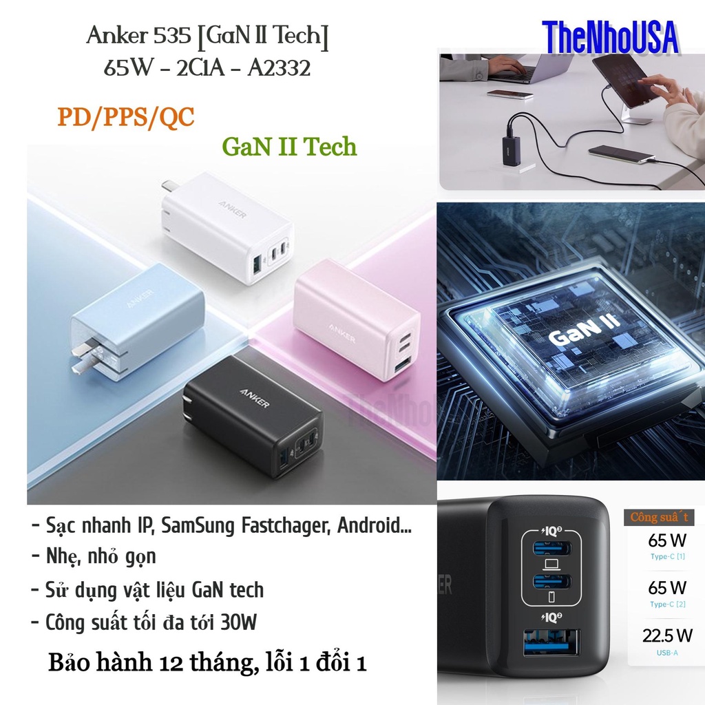 Củ sạc nhanh Anker GaN II 535 3-Port 65W - A2332 - 2C1A- PD/PPS/QC [BH 12T] | Shopee Việt Nam