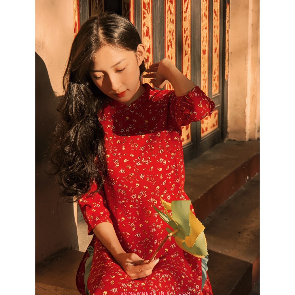 Set Áo dài Rosemary đũi đỏ hoạ tiết hoa li ti | Shopee Việt Nam