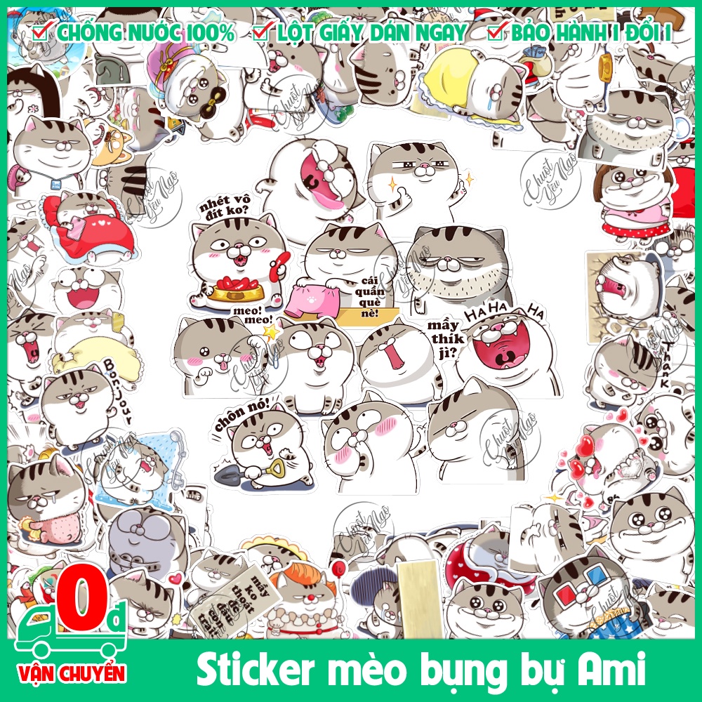 Combo 100 sticker mèo Ami bụng bự dễ thương trang trí nón bảo hiểm xe máy hình dán chống thấm ...