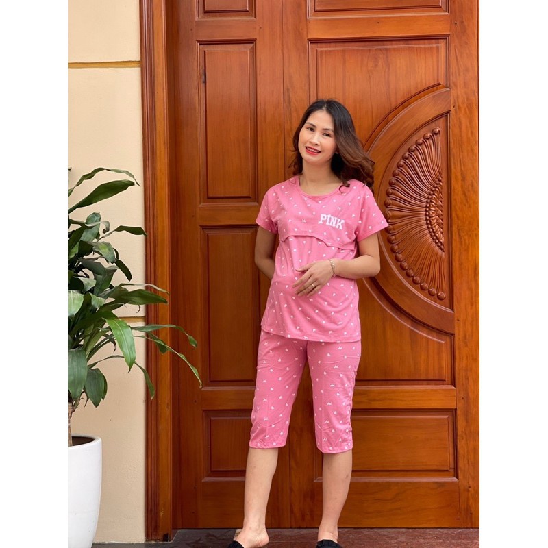 Đồ bộ bầu lửng,bộ đồ bầu sau sinh🌸[FREESHIP]🌸vải cotton xịn, áo vén ngực cho bé bú, cạp quần có ...