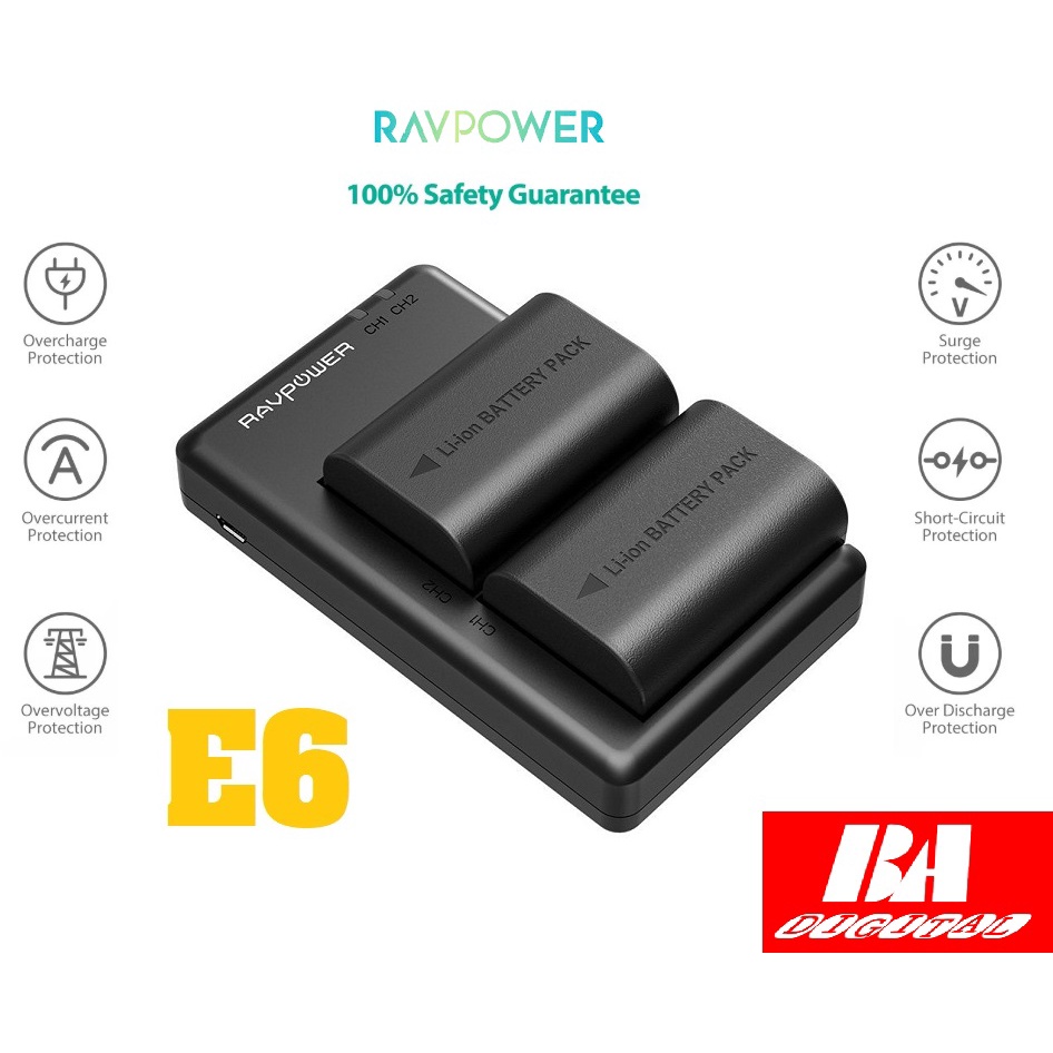 Bộ 2 pin+sạc đôi cho Canon LP-E6/E6N RAVPOWER dùng cho máy ảnh EOS R 90D 5d4 70D 6d2 R6 R5 5D2 ...