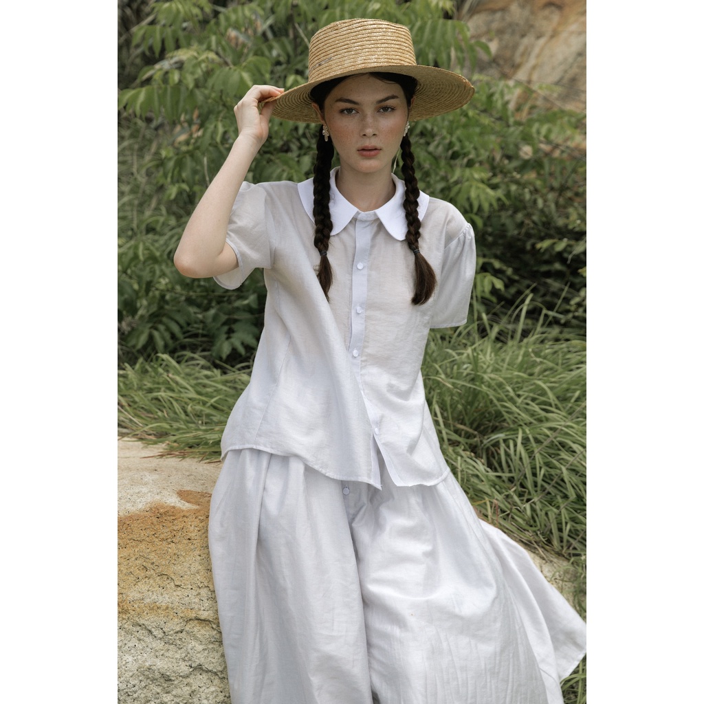 Set áo somi tay ngắn kèm chân váy The Country Aster Set vải linen xám ...