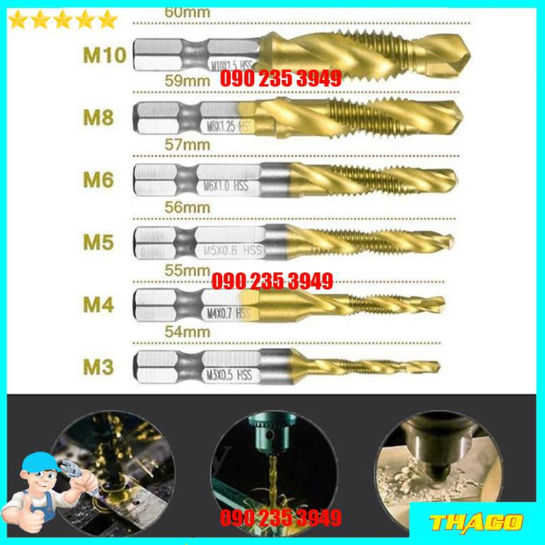 Bộ 6 mũi khoan tạo ren M3-M10 phủ Titanium chuôi lục giác - Mũi khoan taro ren đai ốc QE042 ...
