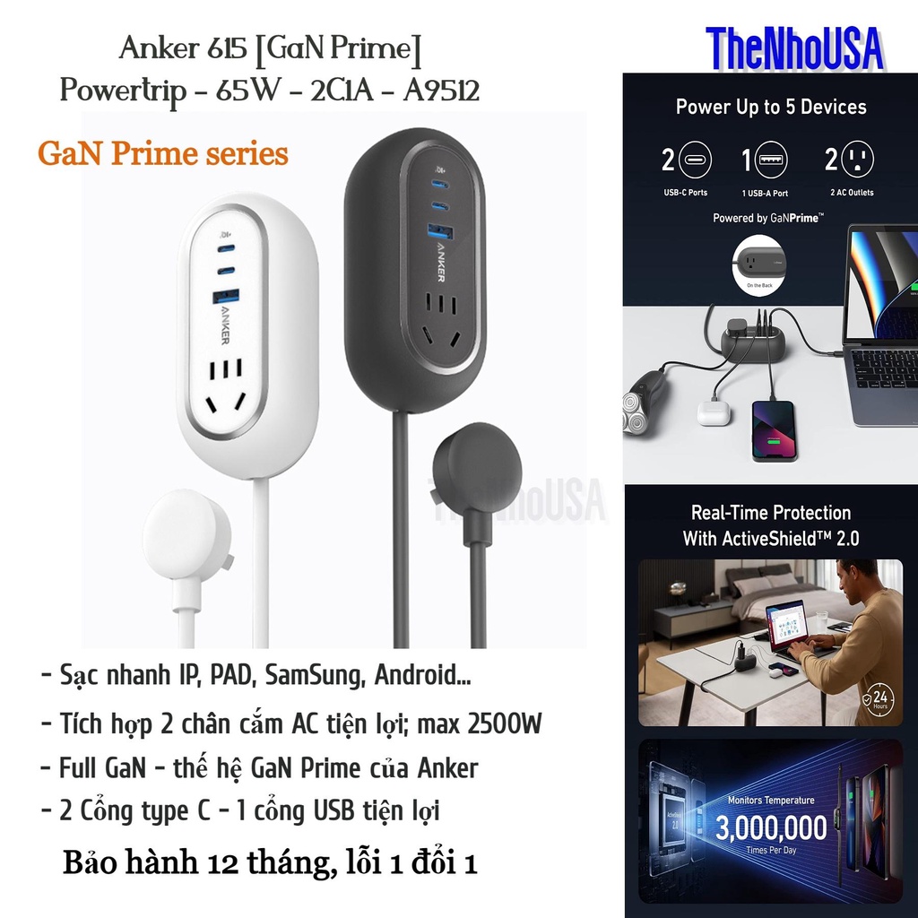 Củ sạc nhanh kiêm ổ cắm điện Anker 615 Power Strip GaNPrime 65W - 2C1A + 2 AC - PD/PPS/QC ...