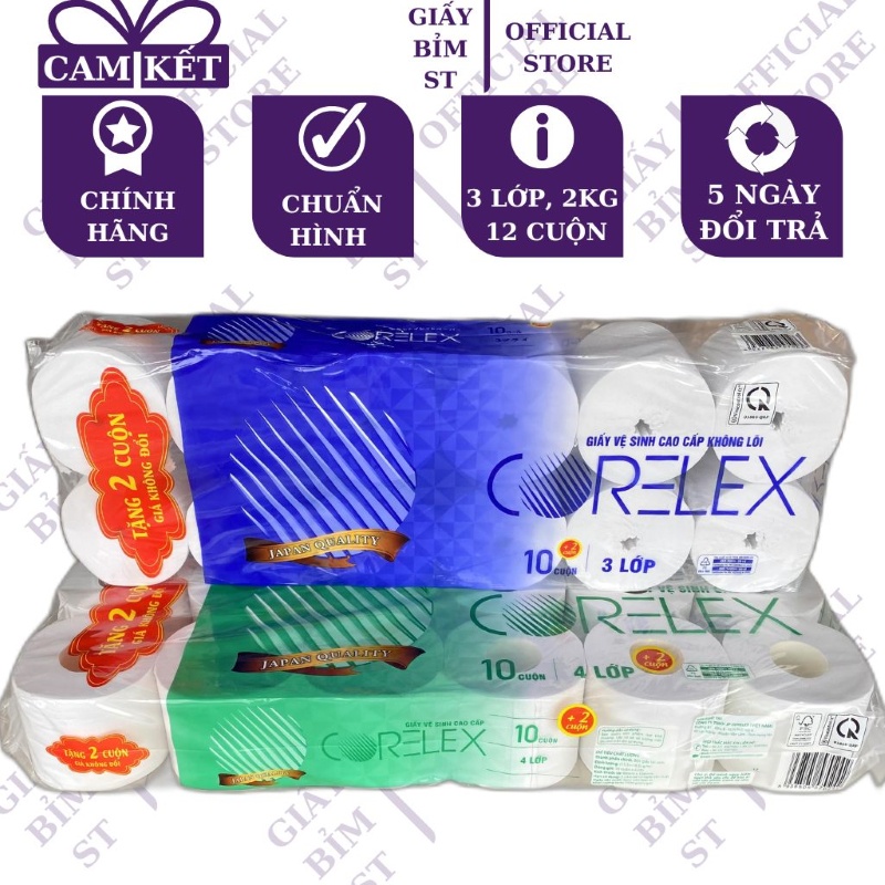 Giấy vệ sinh cuộn Corelex 3 lớp 12 cuộn/dây 1.8kg có lõi, không lõi cao cấp | Shopee Việt Nam