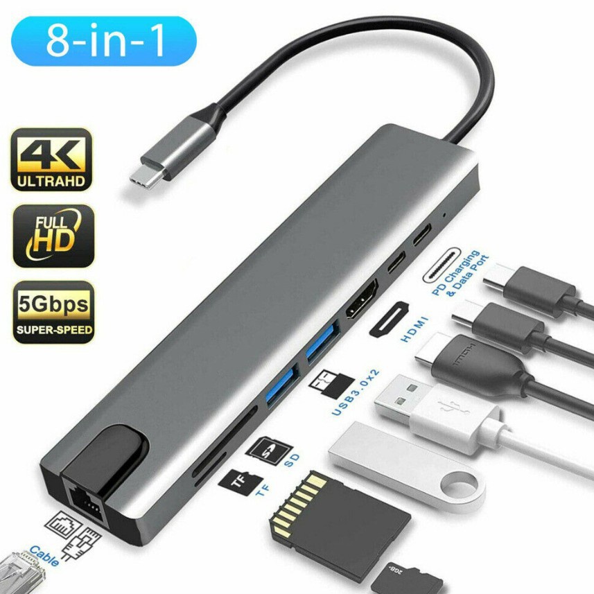 Hub Type C -Cổng chuyển đổi HUB USB Type-C to HDMI,USB 3.0,SD,TF,RJ45 ...