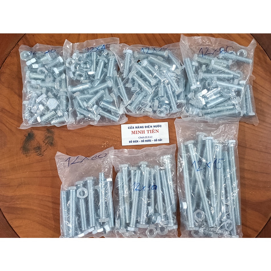 Combo 5 con Bù lon, Bulon con tán 12 ly kích thước 12x30, 12x40, 12x50 ...