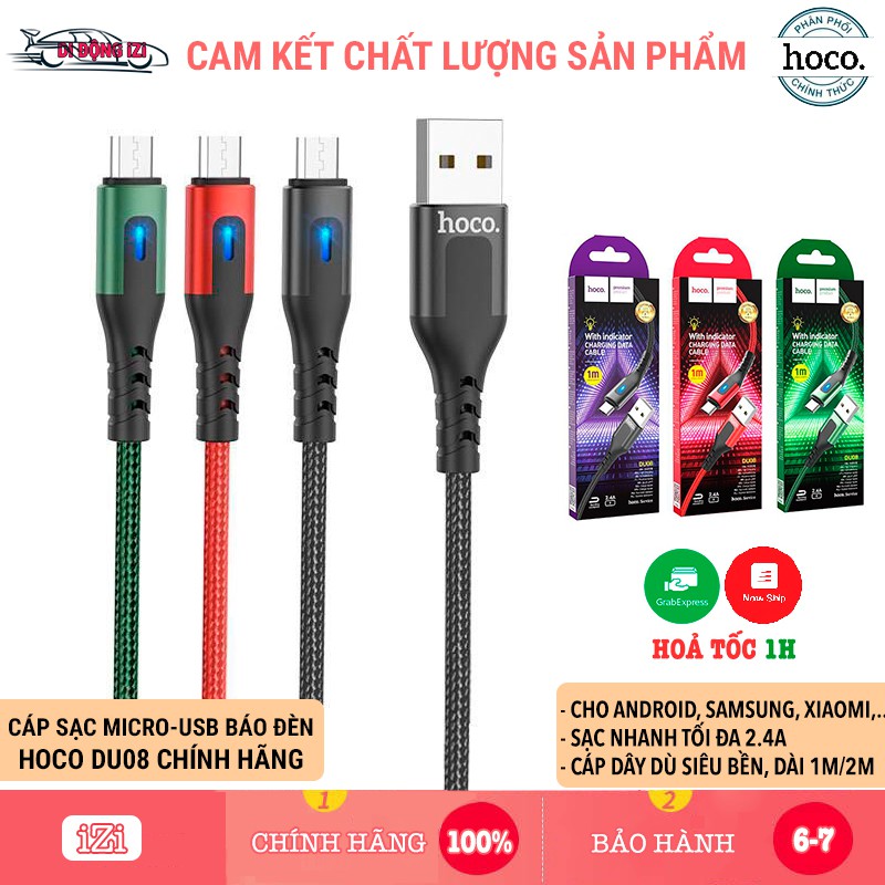 Cáp Sạc Micro-USB Có Đèn Cho Android, Samsung,... Hoco DU08 1M/2M, Cáp Dây Dù Siêu Bền, Sạc ...