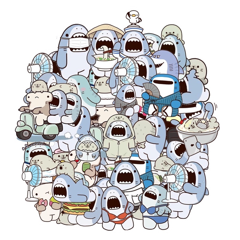 Set 37 hình nhãn dán sticker cute cá mập xanh dễ thương trang trí ...