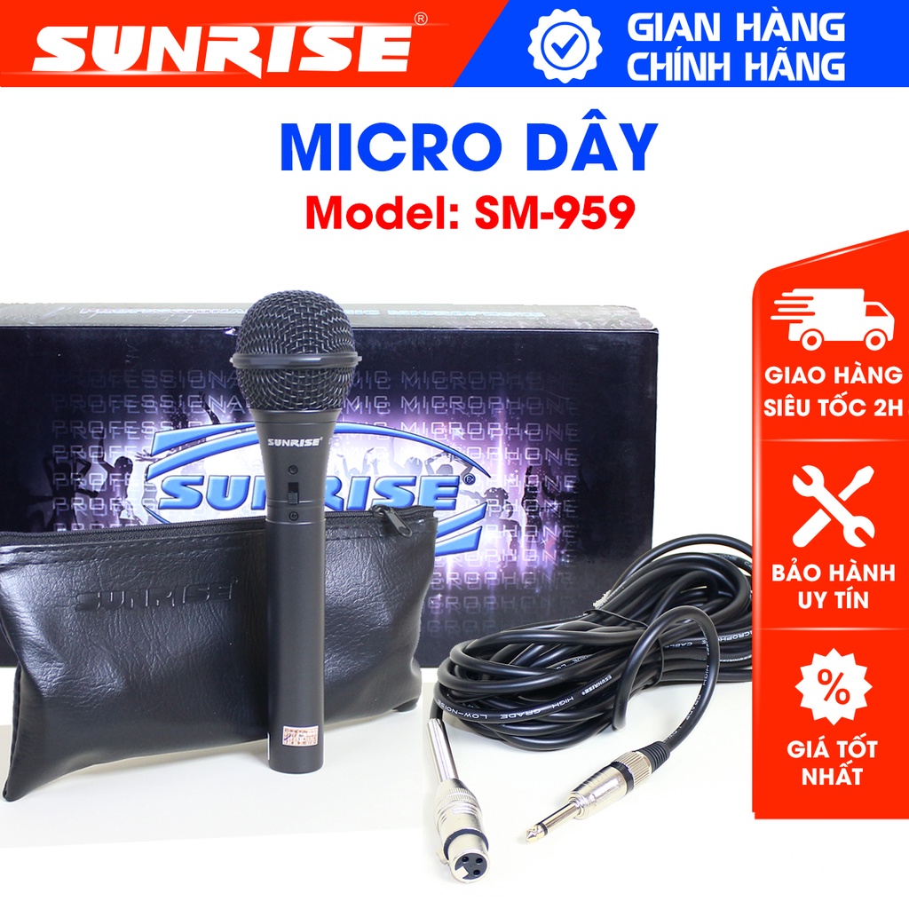 Micro karaoke có dây chính hãng Sunrise SM-959 hát nhẹ, thu âm hay mic kèm dây zin dài 8m chống ...