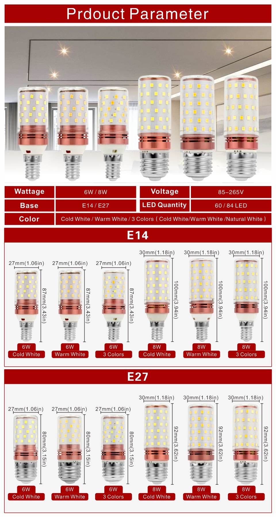 Bóng Đèn LED 6W 8W E27 E14 60 / 80Led SMD2835 220V Ánh Sáng Cao Hình Bắp Ngô Độc Đáo Trang Trí ...