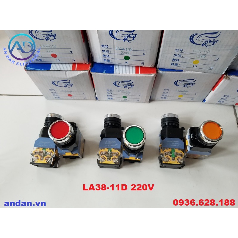 Nút nhấn, nút ấn có đèn 220VAC phi 22mm LA38-11D - Nhấn nhả LA38-11DS - Nhấn giữ (Đỏ, Vàng, Xanh ...
