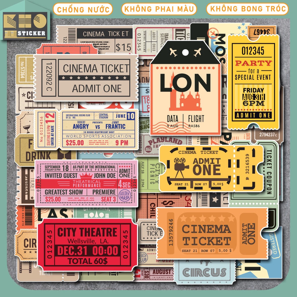 Combo 50 Sticker Vintage Ticket chống nước sticker dán laptop, điện ...