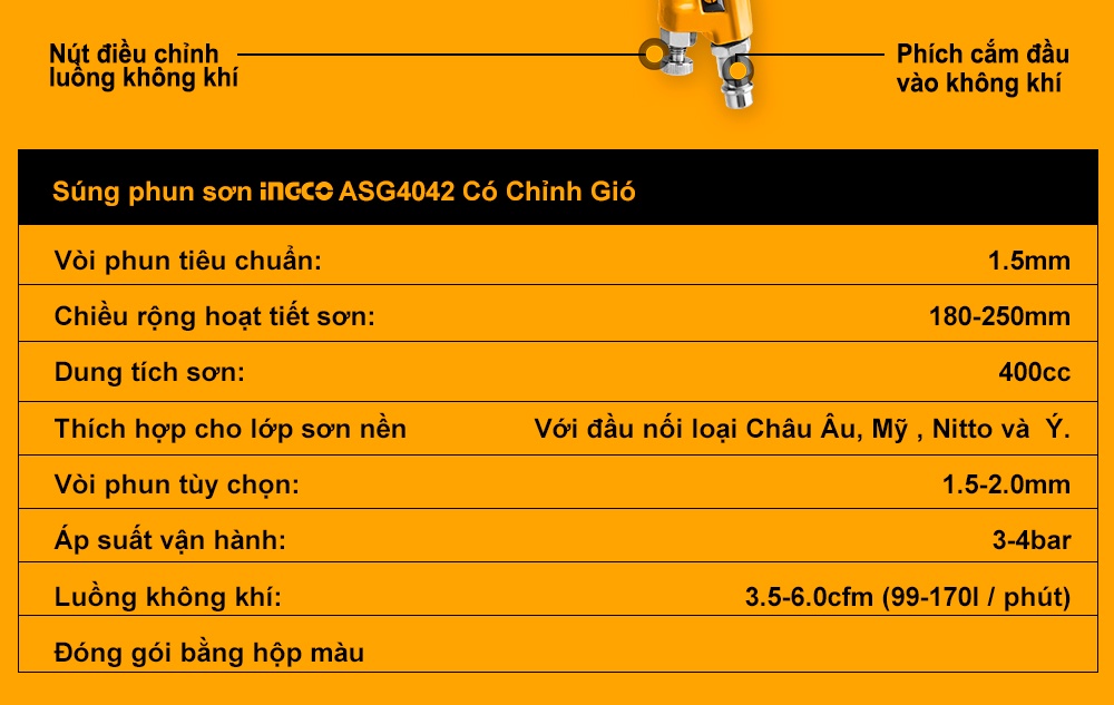 Đầu súng phun sơn dùng khí Ingco ASG4042 điều chỉnh được gió | Shopee ...