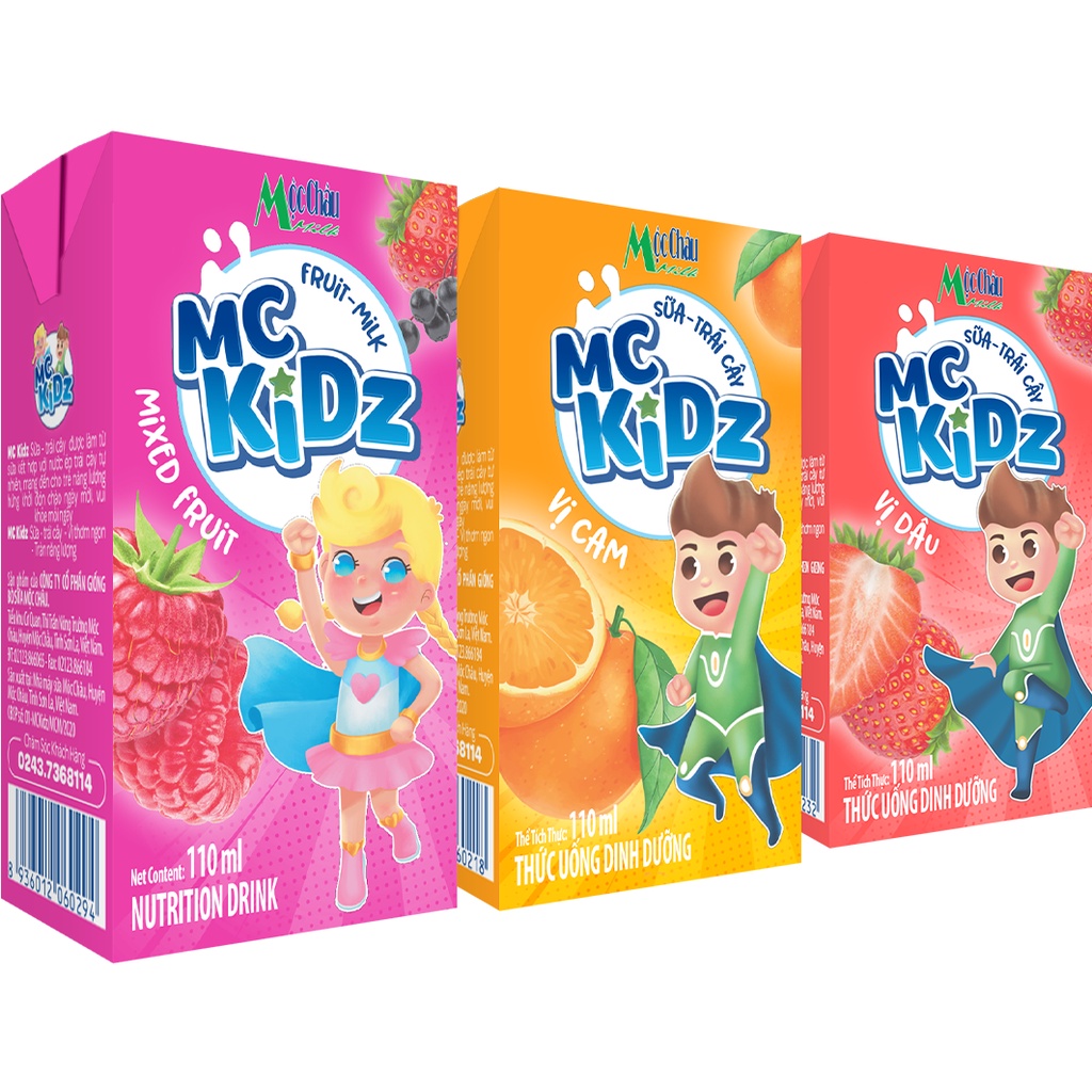 (Vỉ 4 hộp 110 ml)Sữa chua uống Mộc Châu MC kidz (Cam/dâu/trái cây ...