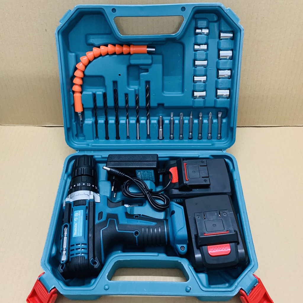 Máy khoan pin 36V Makita 3 chức năng có búa - Tặng kèm 24 chi tiết gồm các mũi khoan + Mũi bắt ...