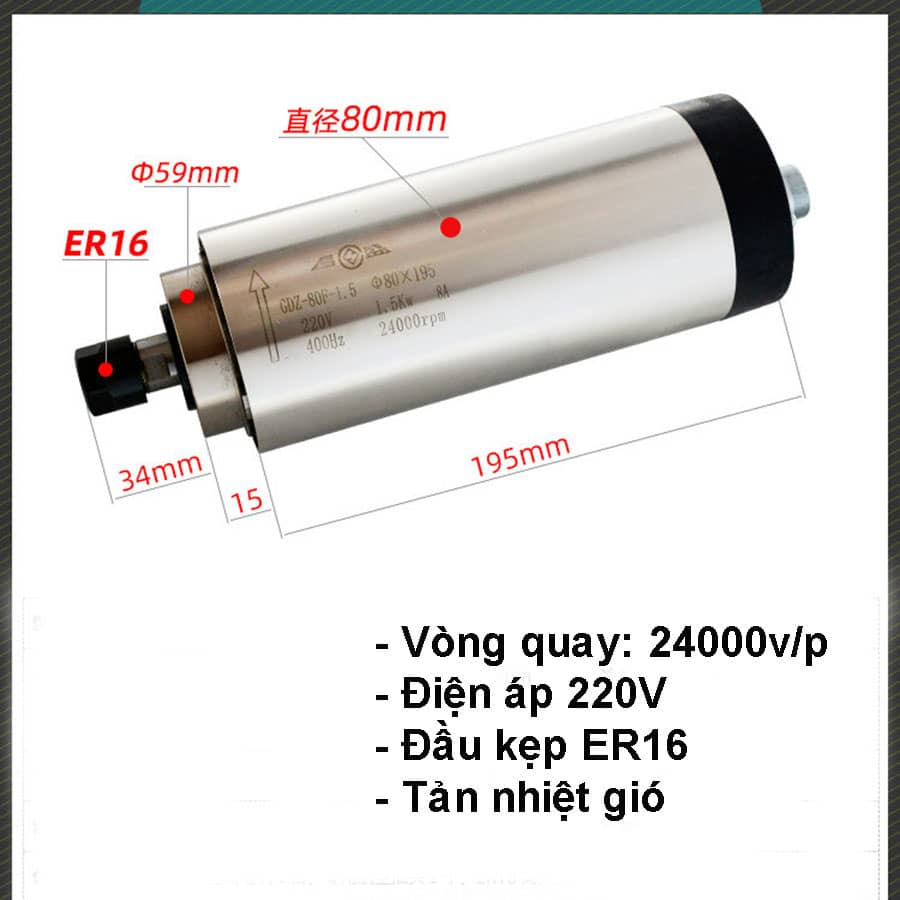 Động cơ Spindle tản nhiệt gió 1.5kw ER16 hãng GDZ ( Changsheng ...