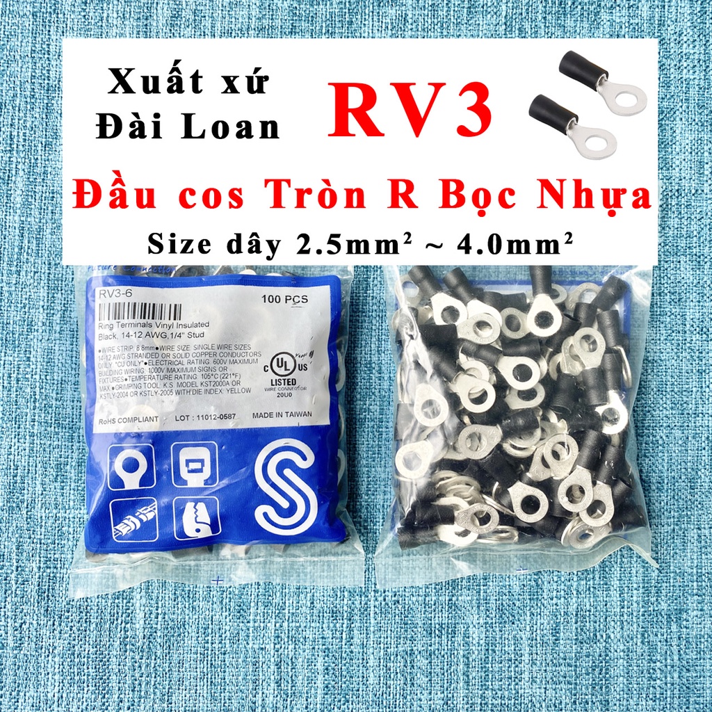 Đầu cos tròn RV3 Đài Loan - Đầu cos tròn có bọc nhựa cứng - Dây 2.5mm2 tới 4mm2 - RV3-4 RVS3-5 ...