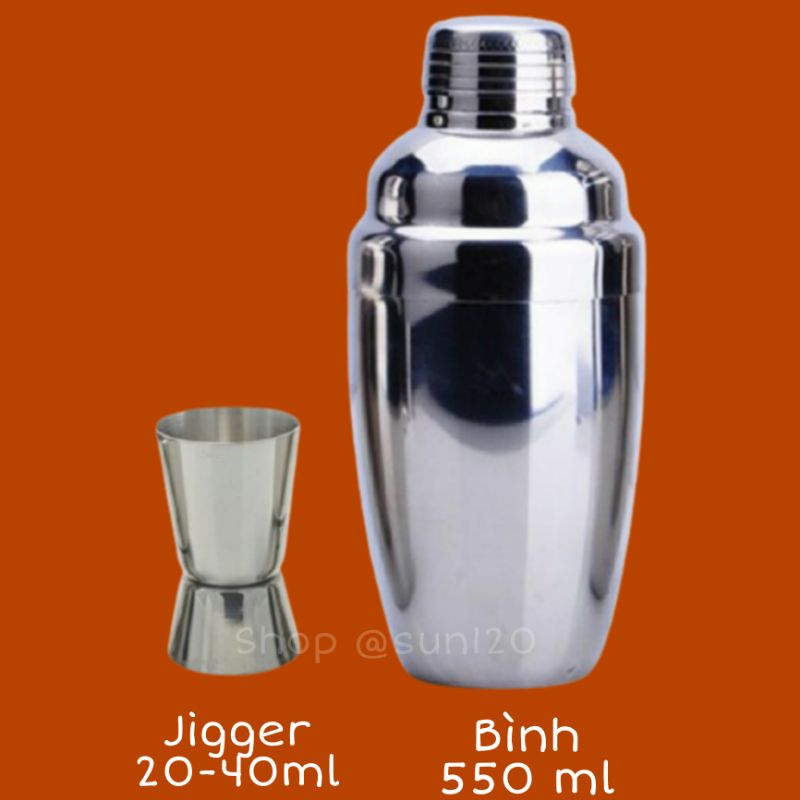 Bộ 2 dụng cụ pha chế cocktail shaker bình lắc 550ml inox và jigger 20-40 inox pha chế 524YA ...