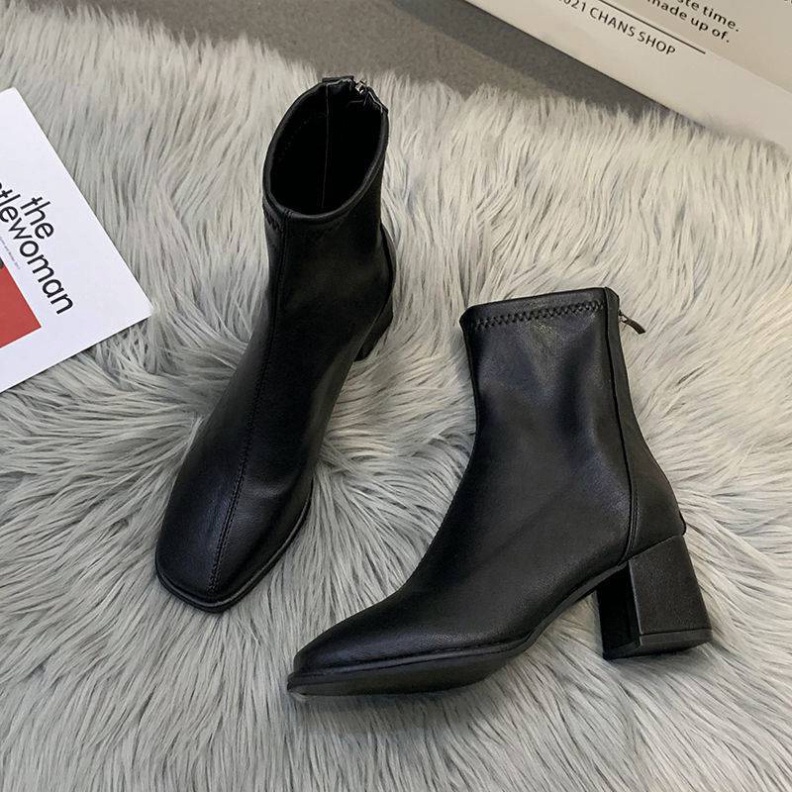 Giày bốt da cổ cao đế cao dày mũi tròn, Giầy boot Martins cao gót Anh ...