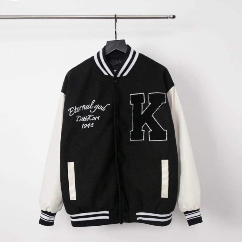 Jacket varsity Logo K đen trắng KPis Clothes form rộng unisex nam nữ ...