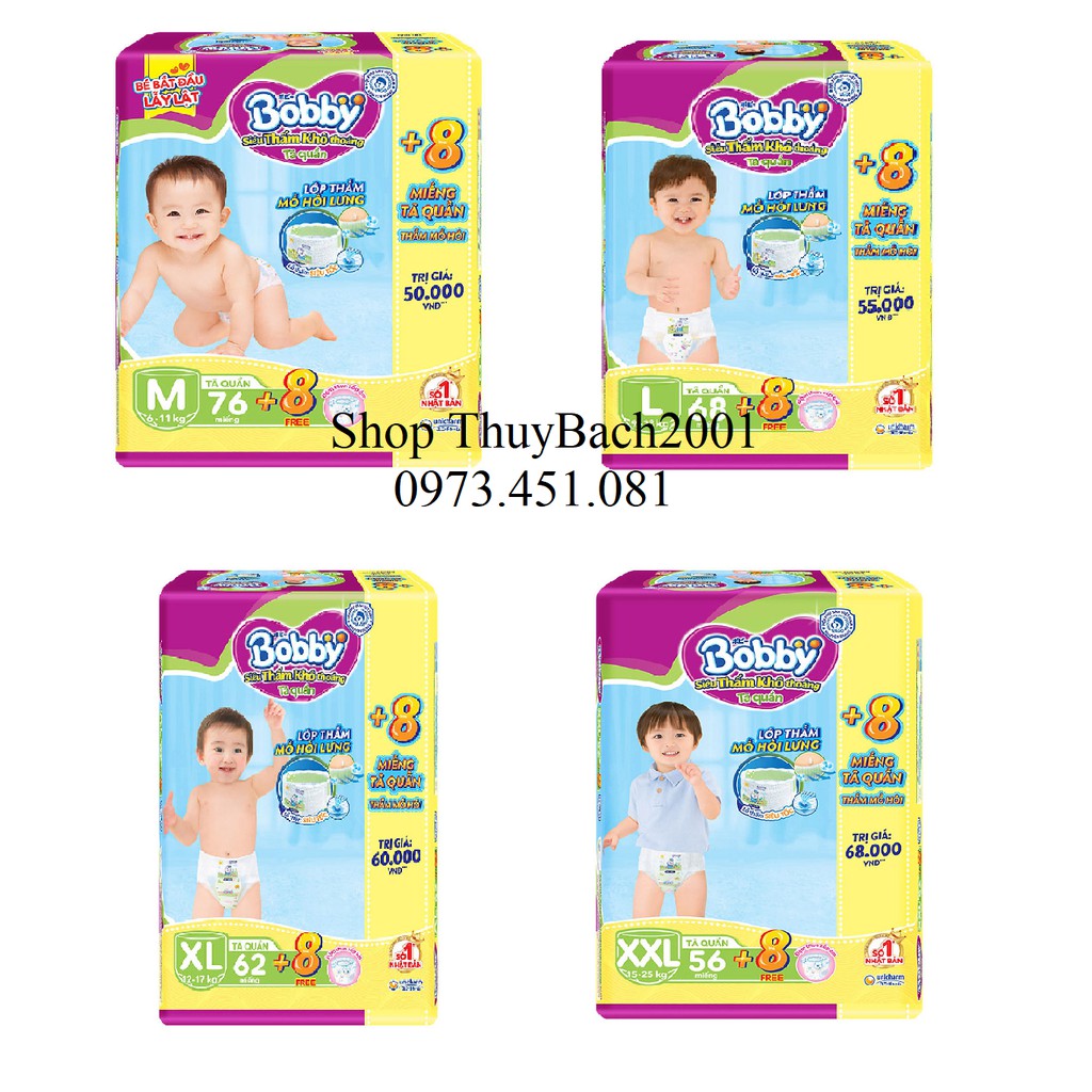 Bỉm Bobby quần size M76,L68,XL62,XXL56 mẫu mới lưng thun thấm mồ hôi ...