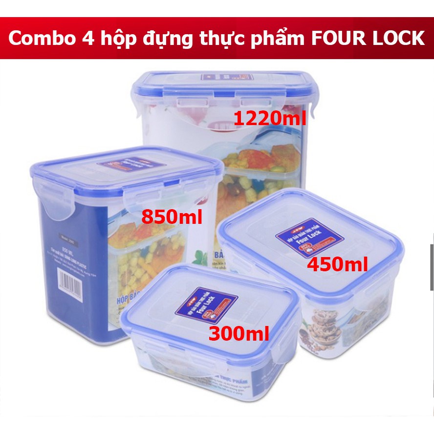 [Combo 4 Chiếc] Hộp đựng bảo quản thực phẩm FOUR LOCK (300ML, 450ML, 850ML, 1220ML) | Shopee ...