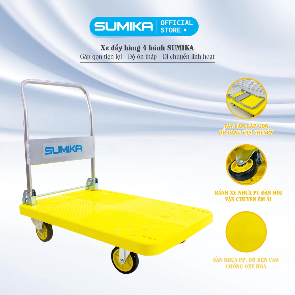 Xe đẩy hàng sàn nhựa PP SUMIKA T350, tải trọng 350kg, màu vàng, bánh xe ...